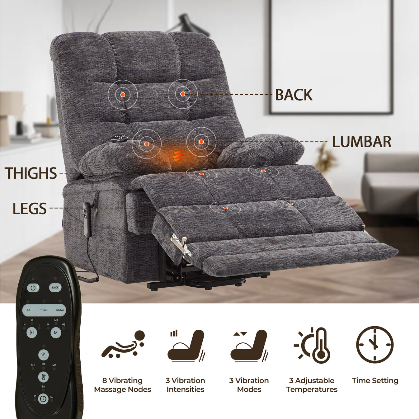 Big And Tall Lift Chair With Extended Footrest, 400LB, Heat & Massage ...